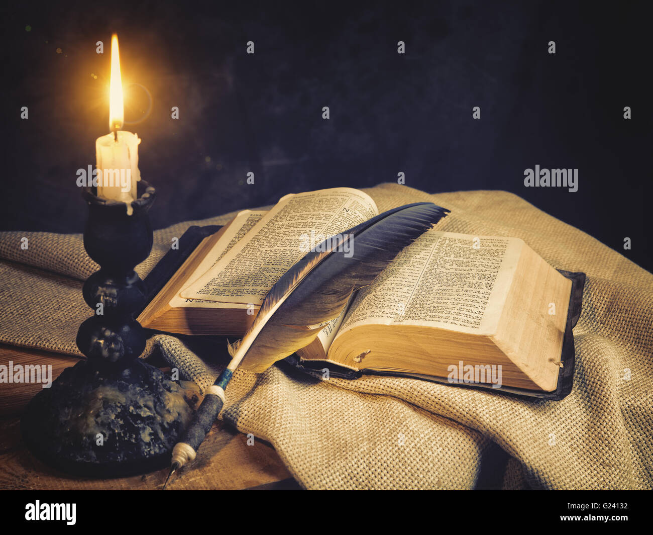 Old fashioned backgrounds with opened Holy Bible Stock Photo - Alamy