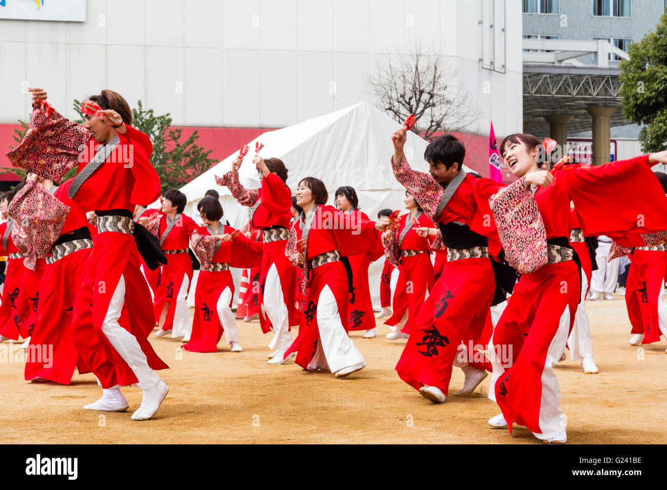 Japanese hinokuni Yosakoi dance festival. Dance team, mainly young ...