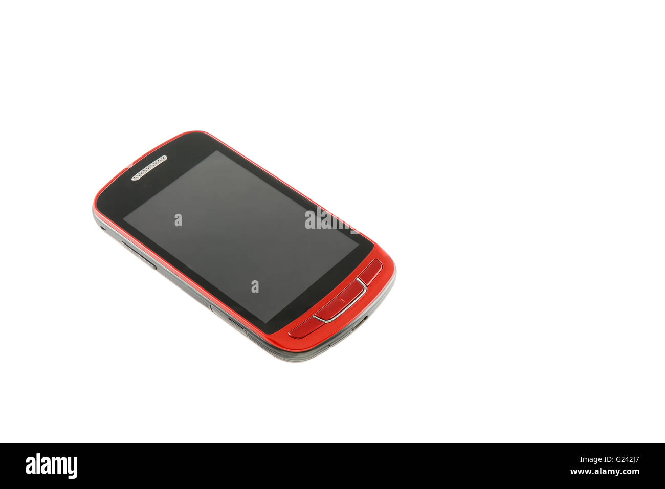 New red smartphone on white background Stock Photo - Alamy
