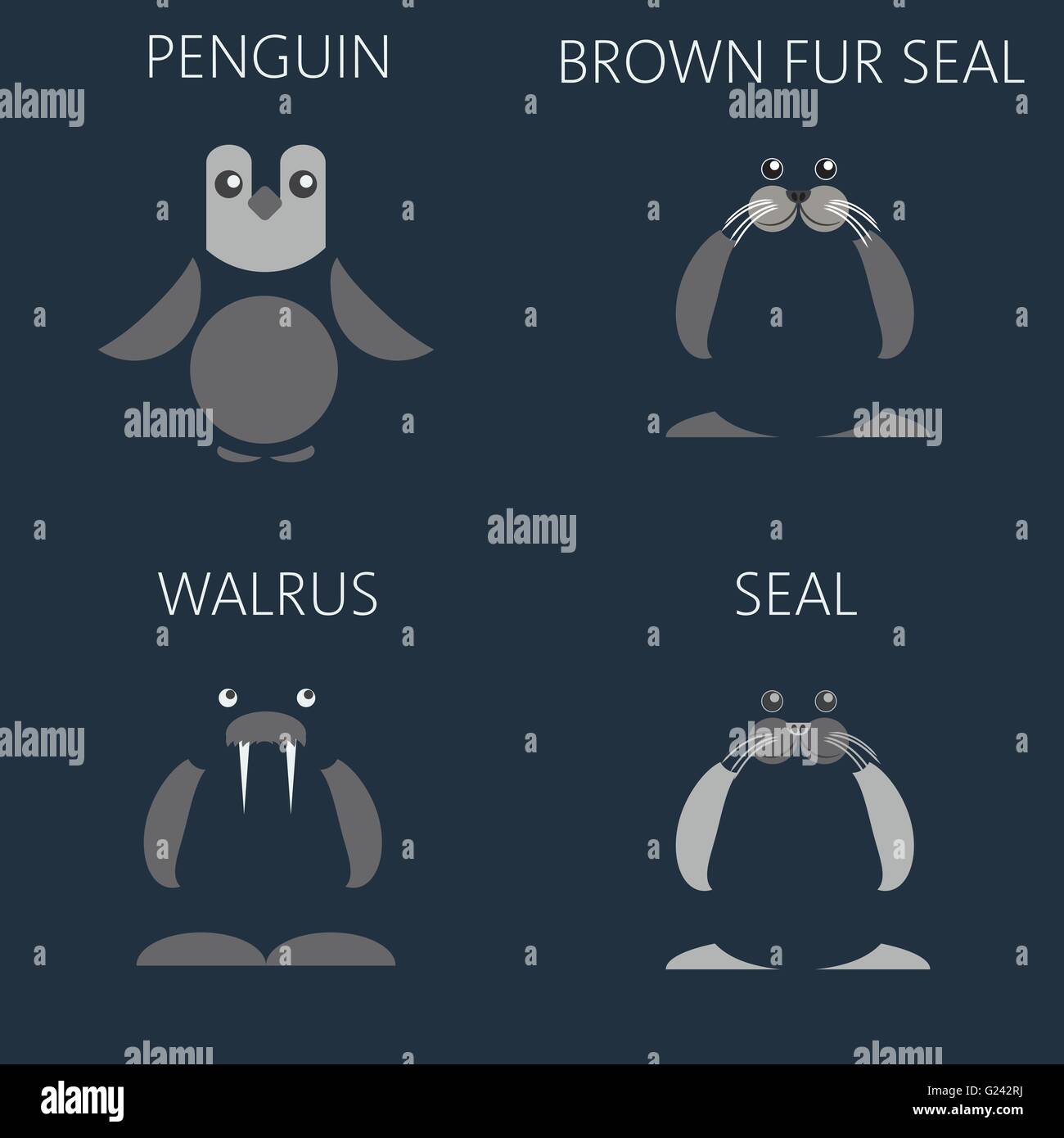 Abstract illustration with sea animals set, a penguin, walrus, brown ...