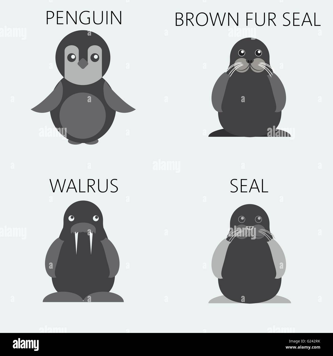 Abstract illustration with silver sea animals set, a penguin, walrus ...