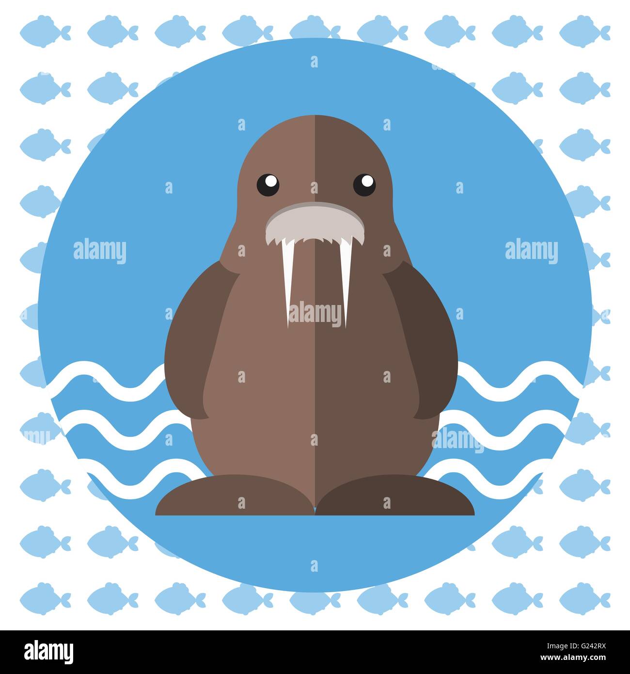 Abstract illustration with a brown walrus on blue water with waves in a ...