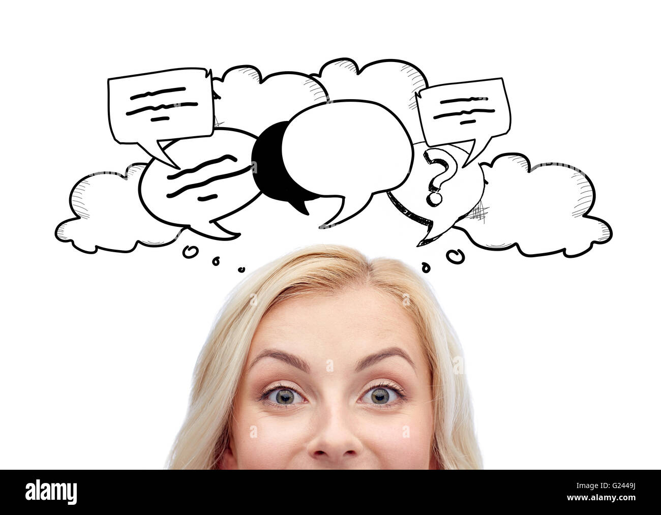 happy young woman face with text bubble doodles Stock Photo - Alamy