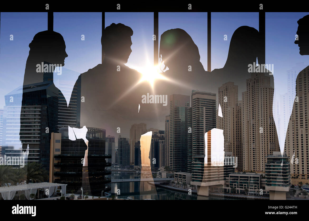 people silhouettes over city background Stock Photo - Alamy