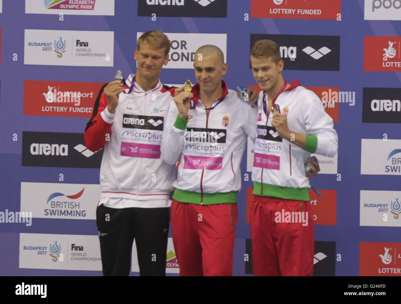 London, England: May 19, 2016 Laszlo Cseh, Viktor Bromer and Tamas ...