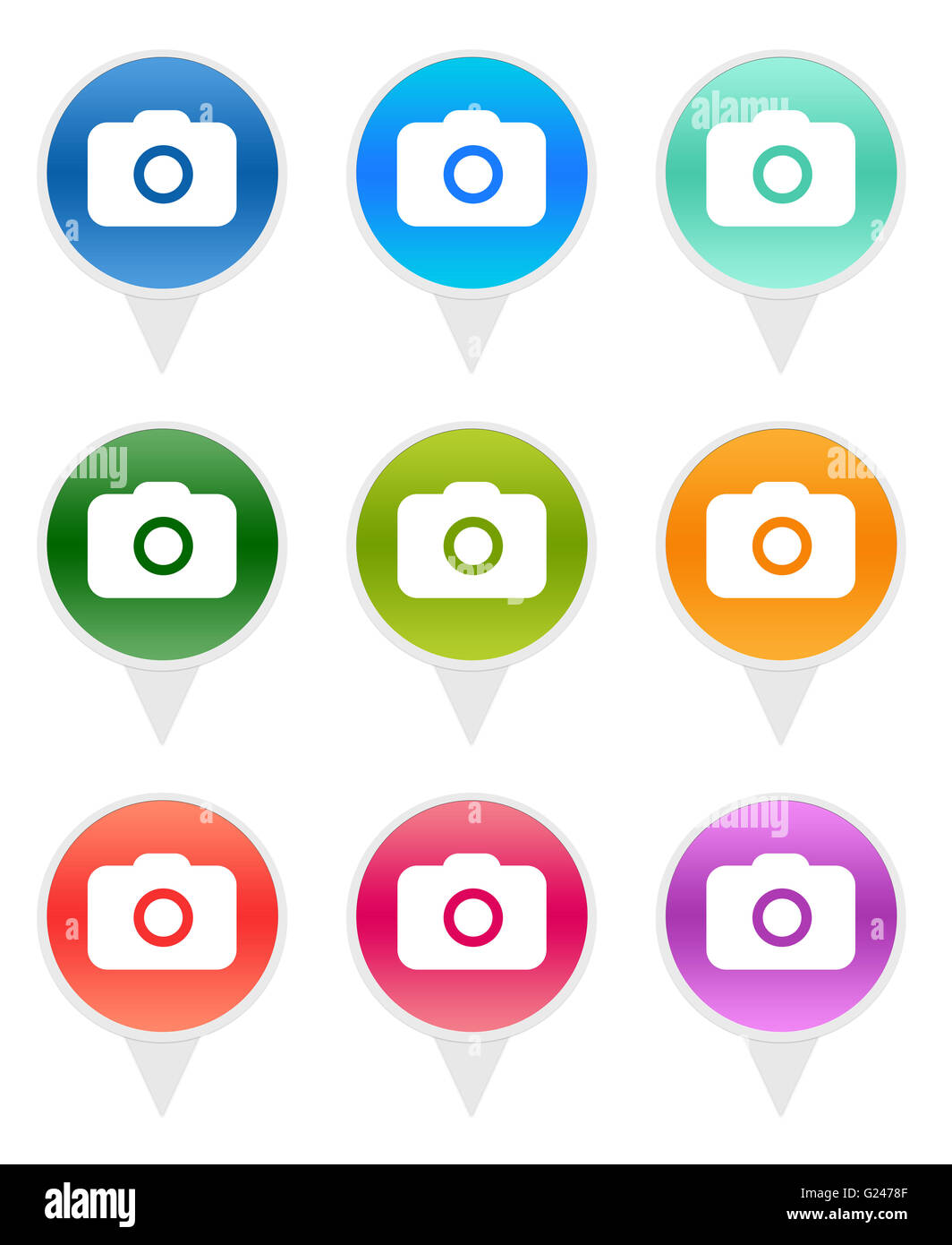 Set of colorful rounded icons for markers on maps with camera symbol ...