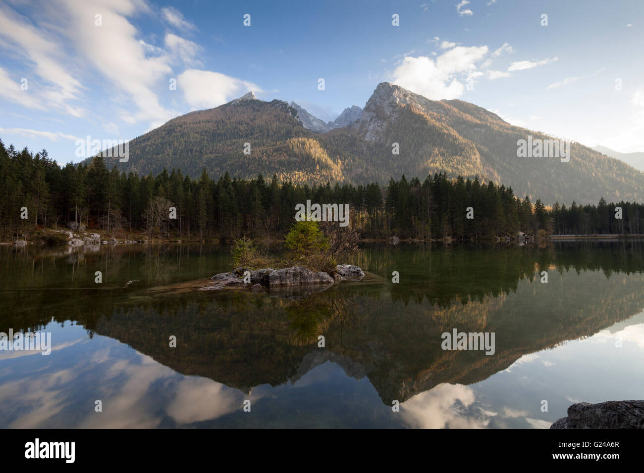 Alpine landscape with Hochkalter Mountain at Lake Hintersee ...