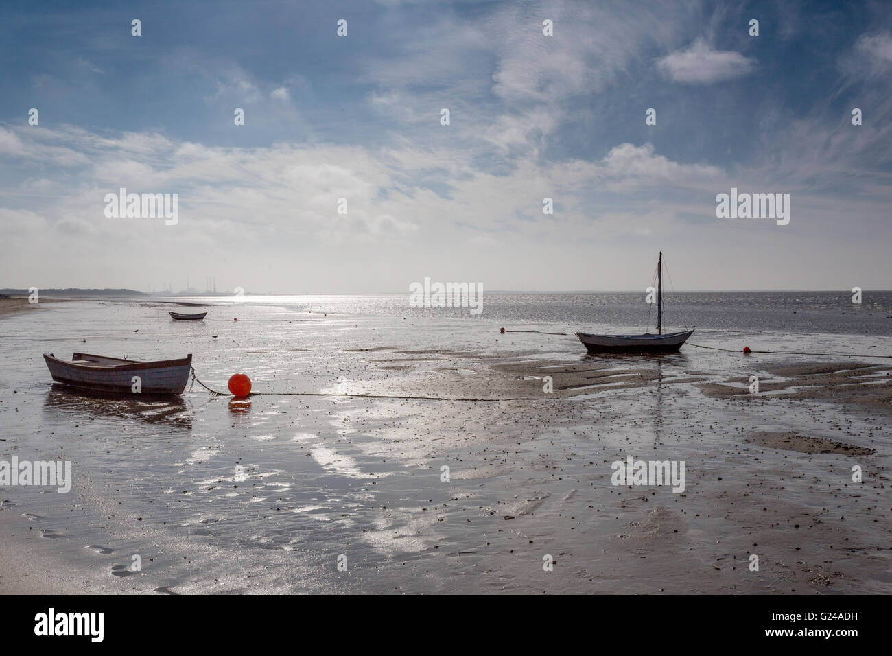 Hjerting, Denmark. Small boats on Hjerting beach with Esbjerg in the ...