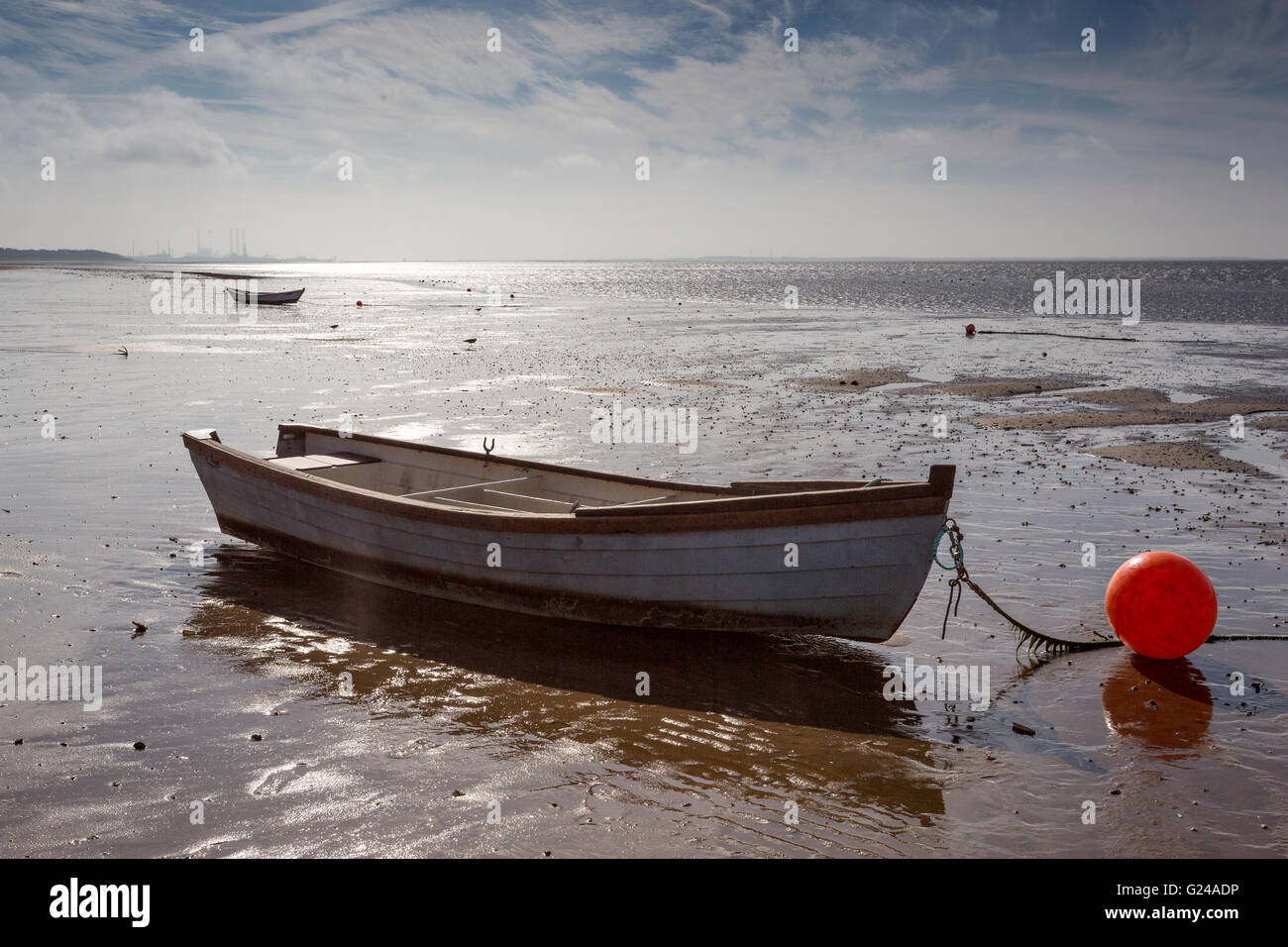 Hjerting, Denmark. Small boats on Hjerting beach with Esbjerg in the ...