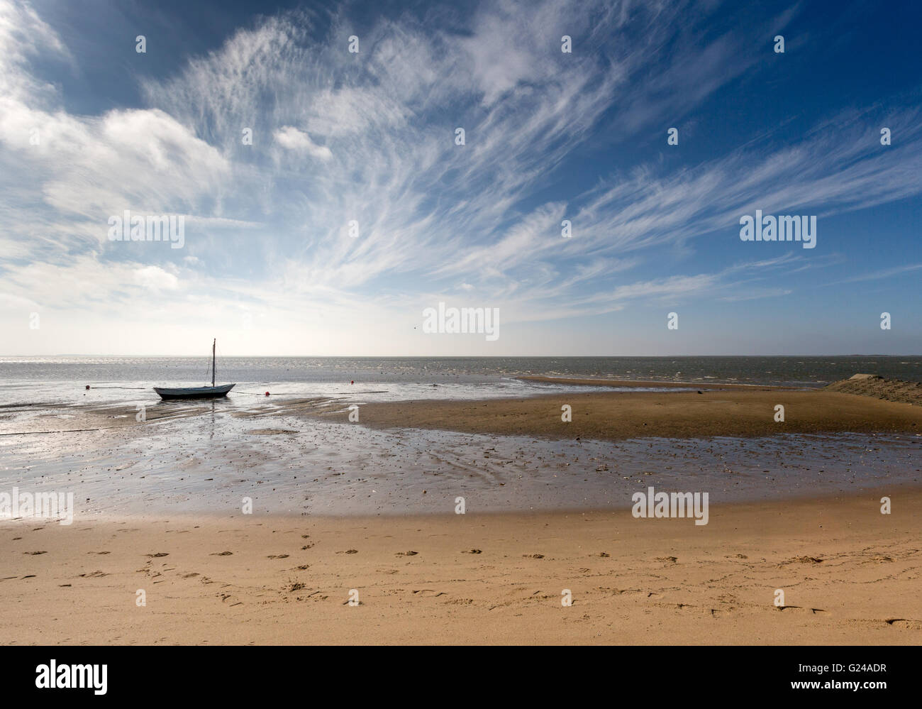 Hjerting, Denmark. Small boats on Hjerting beach with Esbjerg in the ...