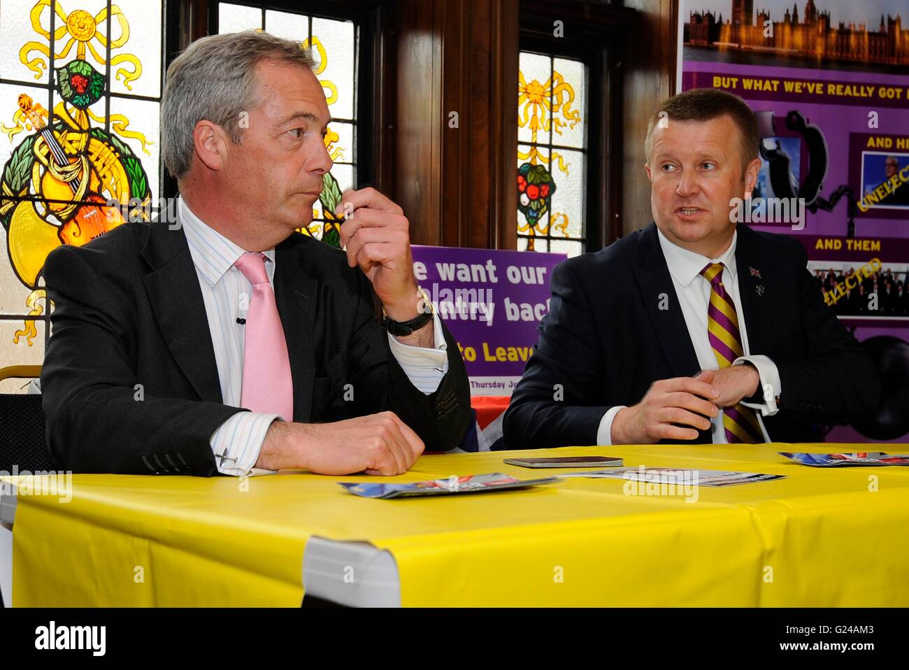 Nigel Farage (left) and Peter Harris speak during the first day of Ukip ...