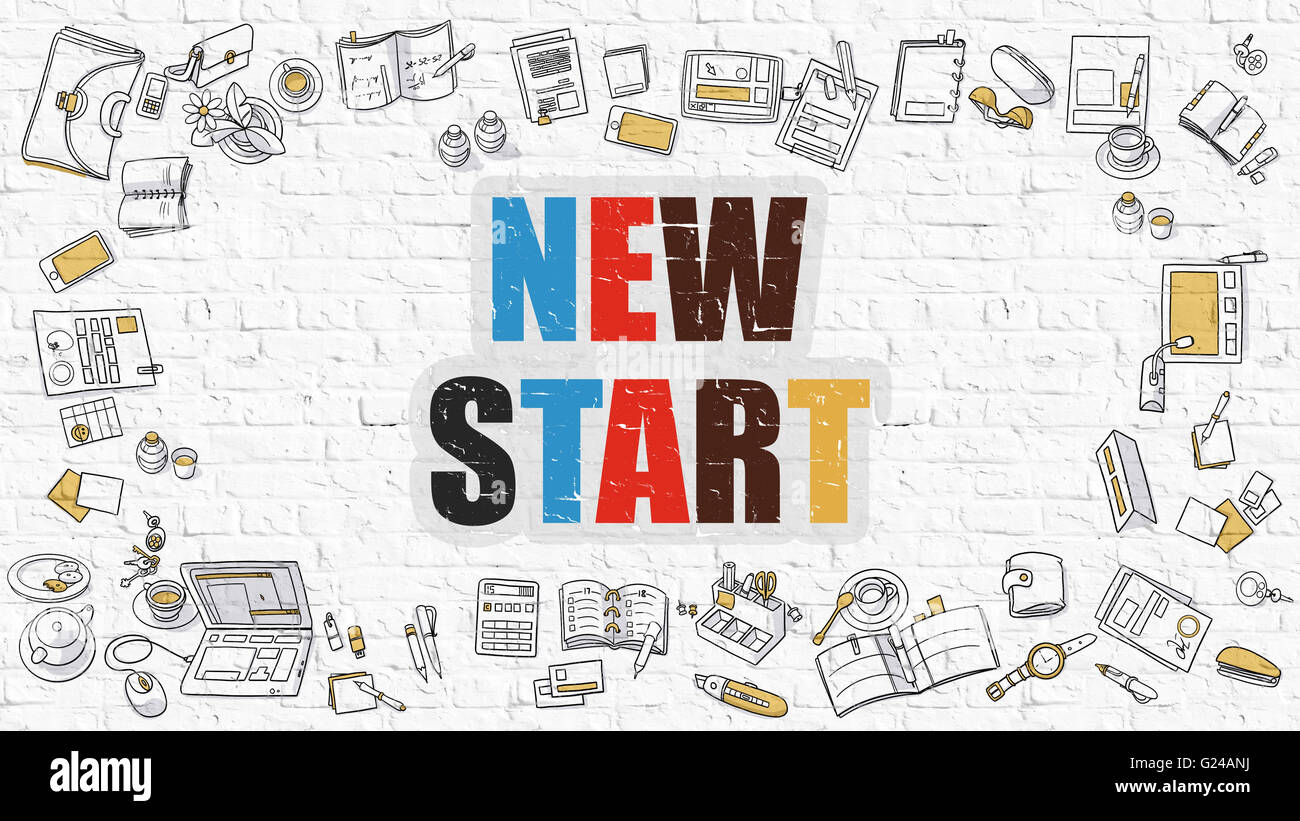 Multicolor New Start on White Brickwall. Doodle Style Stock Photo - Alamy