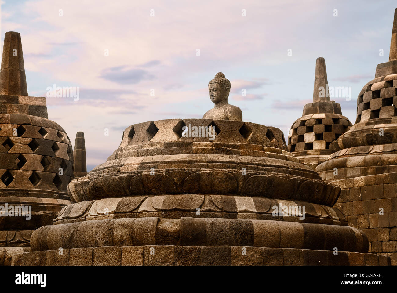 The head of a Buddha statue in the Borobudur temple, Indonesia Stock ...
