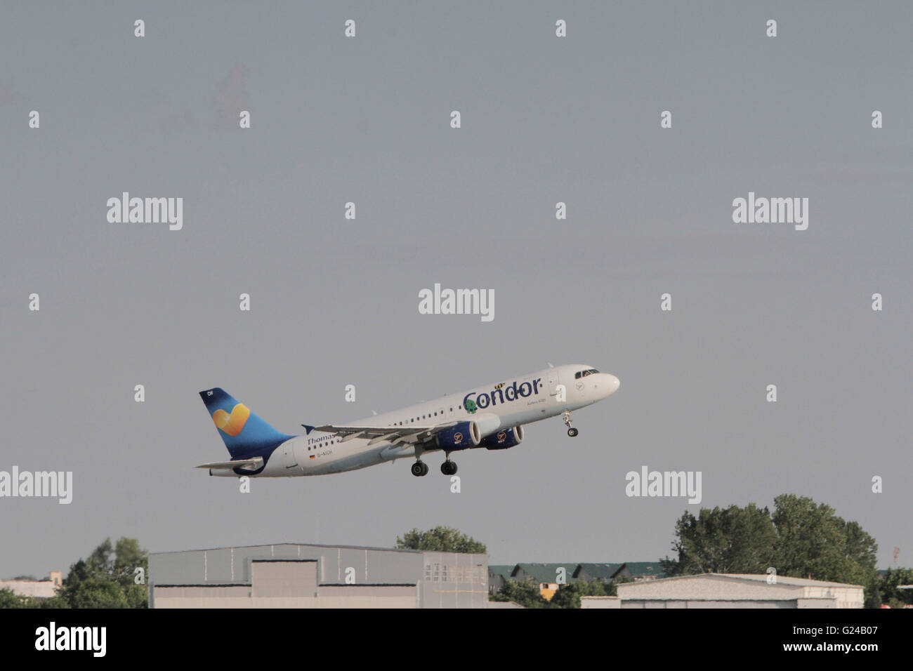 BUCHAREST, ROMANIA - May 18, 2016: Condor Airbus A320 taking off at ...