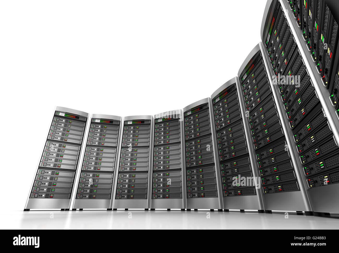 Row of network servers in data center isolated on white background ...