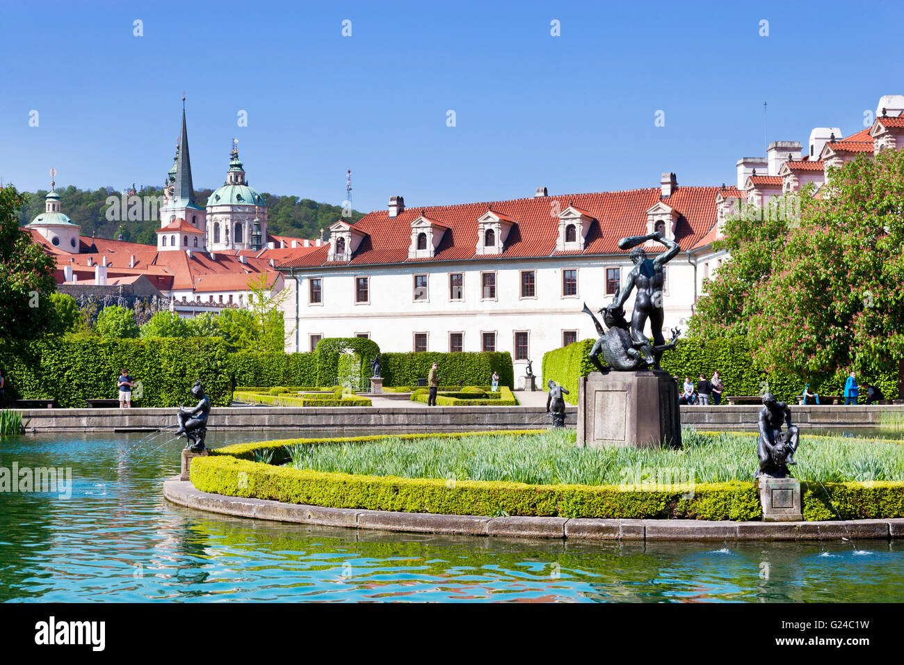 lake and statues in baroque Wallenstein Gardens and Palace, Lesser Town ...