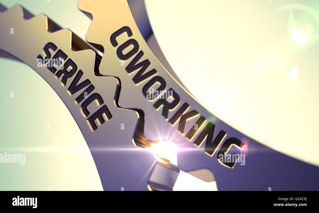 Coworking Service Concept. Golden Cog Gears Stock Photo - Alamy