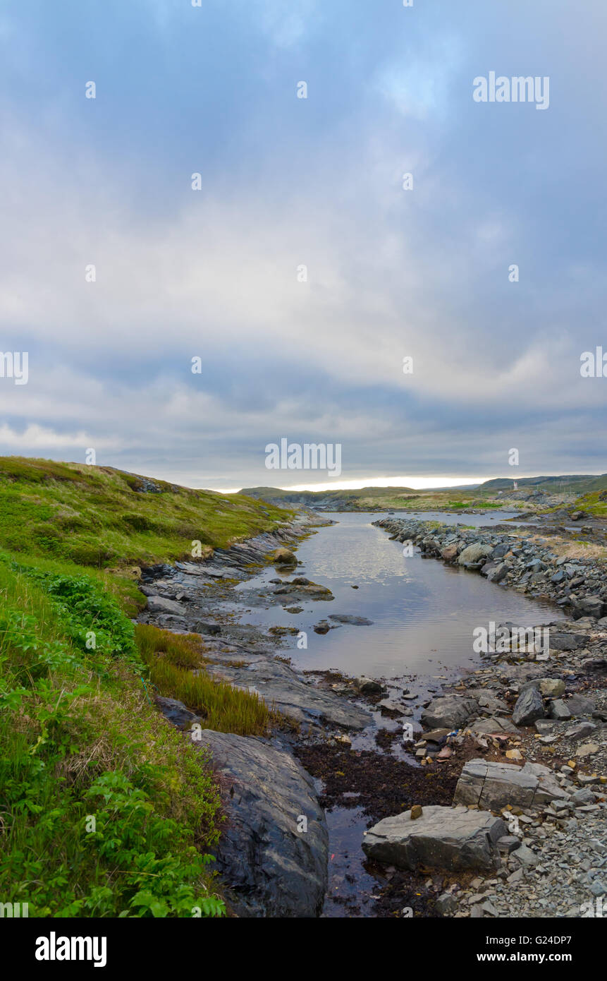 Lakes. grass and rocks under blue sky in north Newfoundland Stock Photo ...