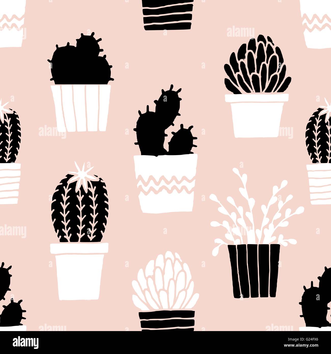 Hand drawn seamless repeat pattern with succulent plants in black ...