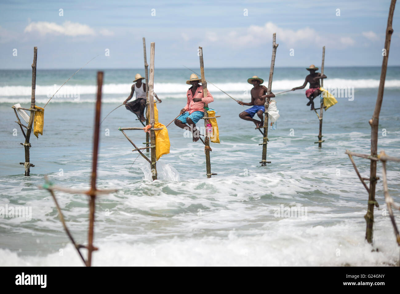 Traditional stick fisherman in the sea near Weligama on the south coast ...