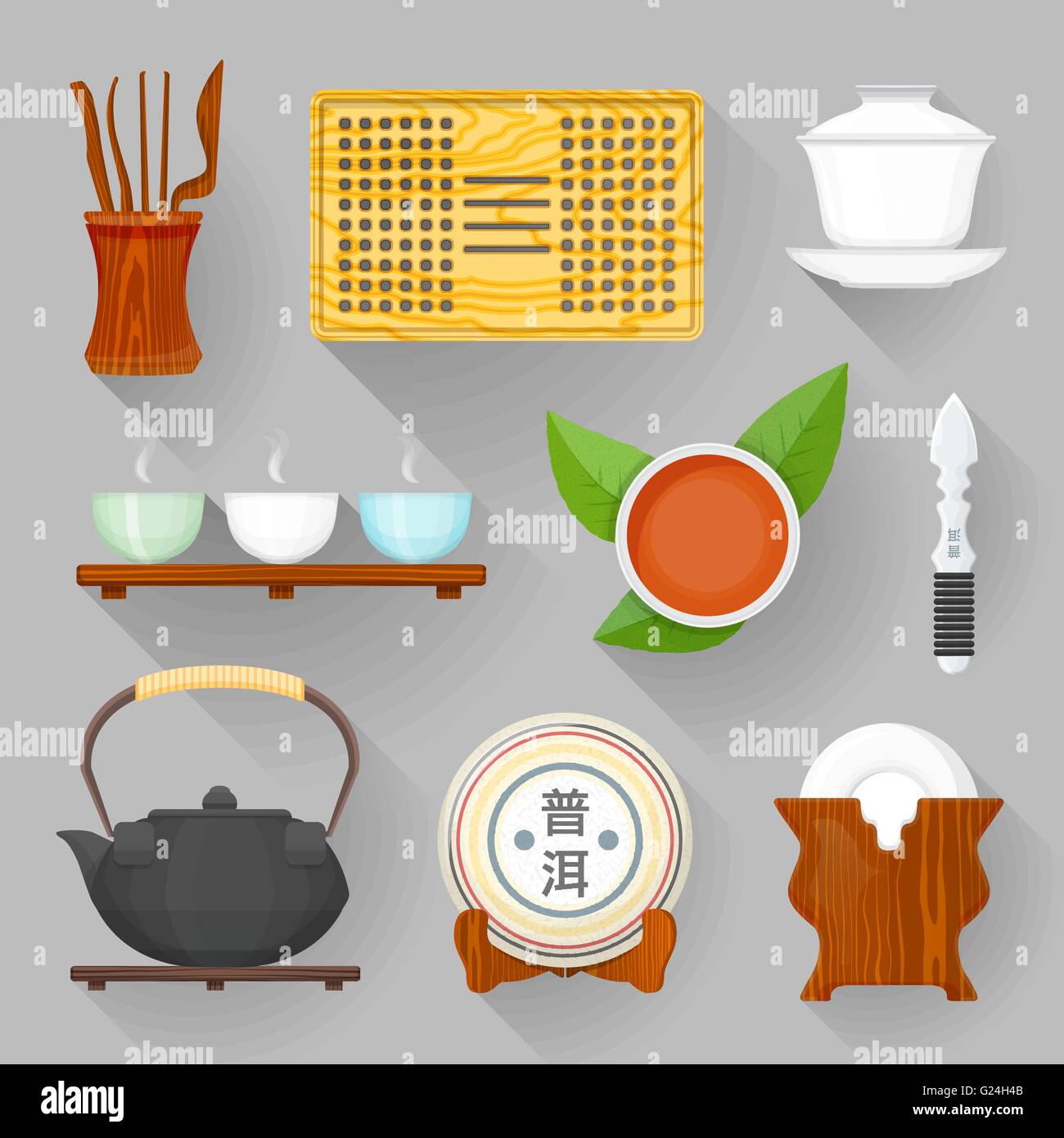 vector colorful flat design tea ceremony tools, saucer stand, cup of ...