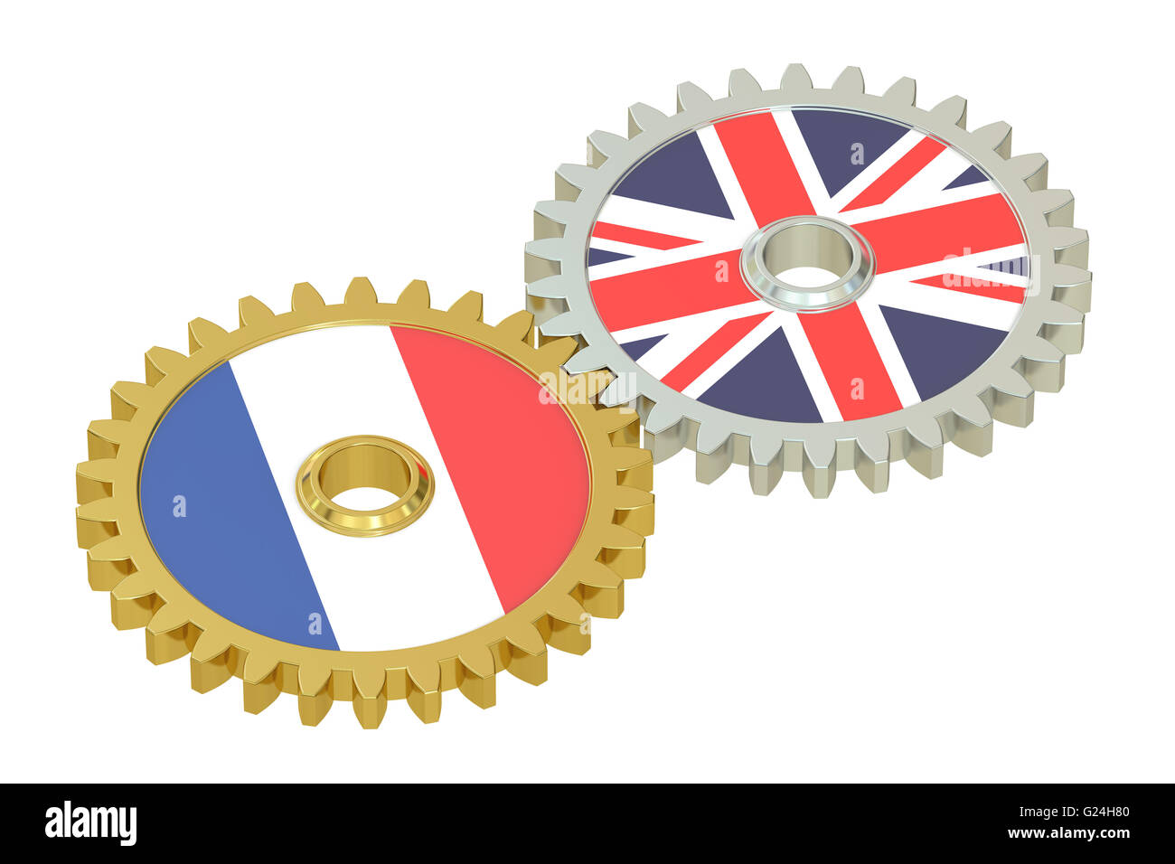 United Kingdom and France relations concept, flags on a gears. 3D ...
