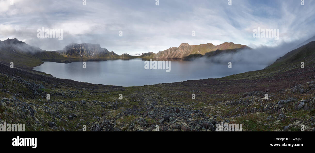 Beautiful nature of Kamchatka: summer panoramic view of crater lake ...