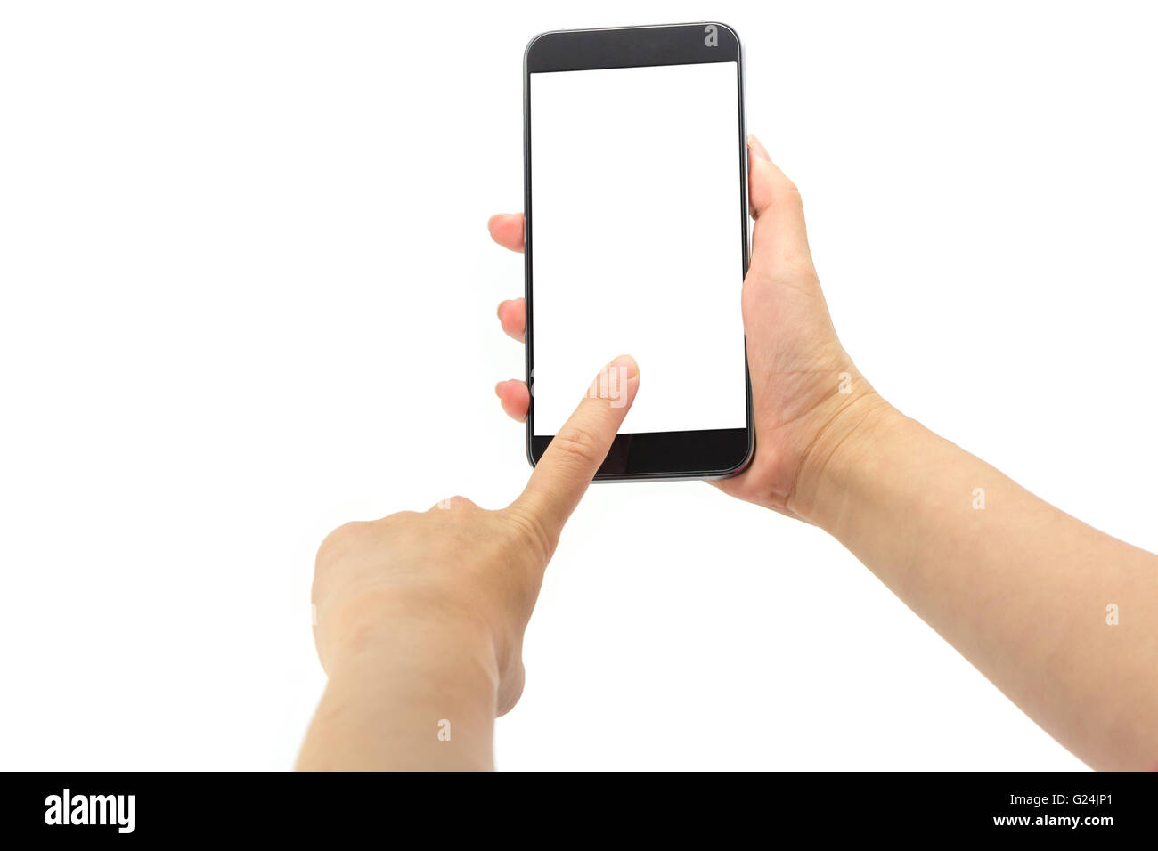 Hand holding smartphone isolated on white Stock Photo - Alamy