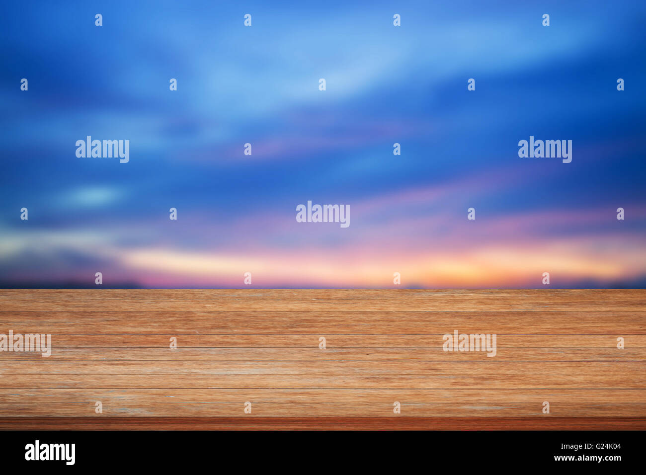 Top of wooden table on blue sunset sky background, stock photo Stock ...