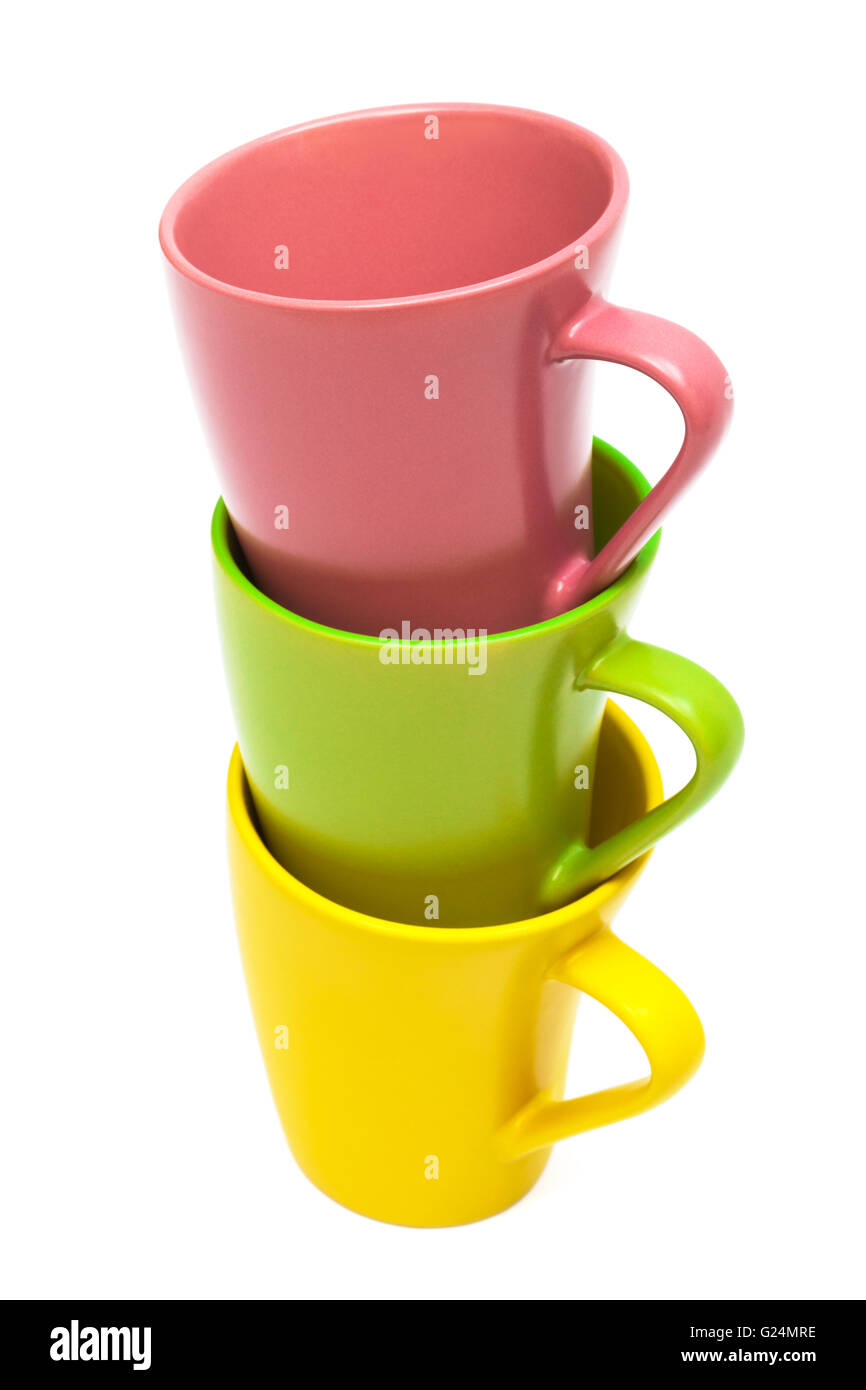 Three coffee cups on a white background Stock Photo - Alamy