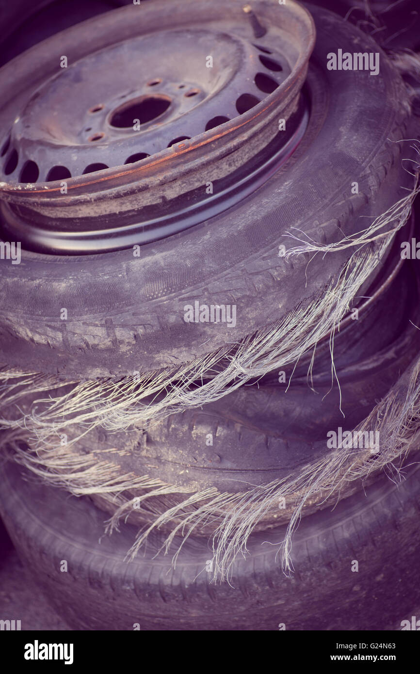 Close up shot of a pile of blown out tires Stock Photo - Alamy