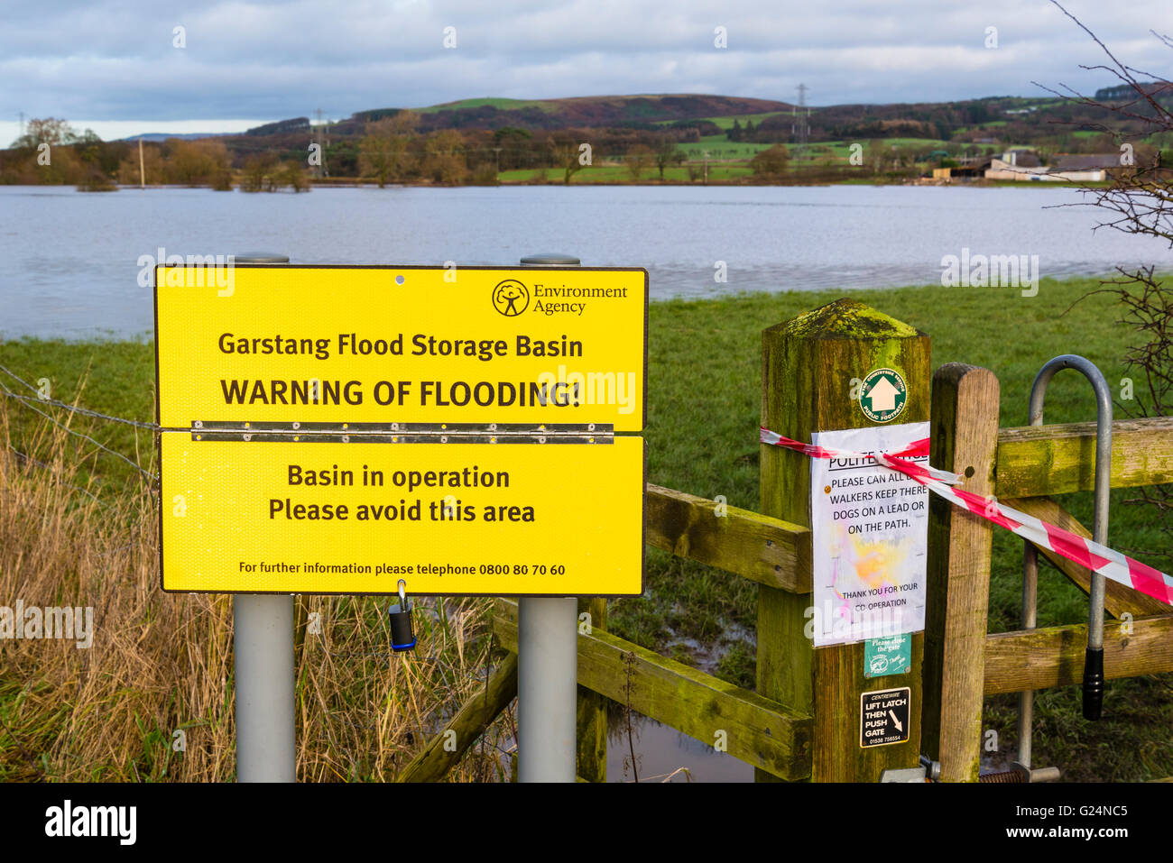 Flood storage basin in use by the River Wyre at Garstang Lancashire ...