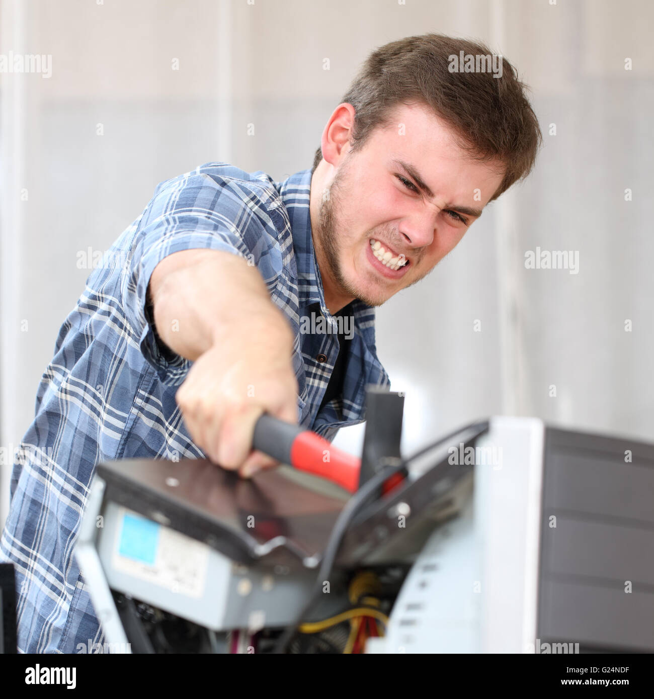 Portrait of furious and crazy man without self control hitting a ...