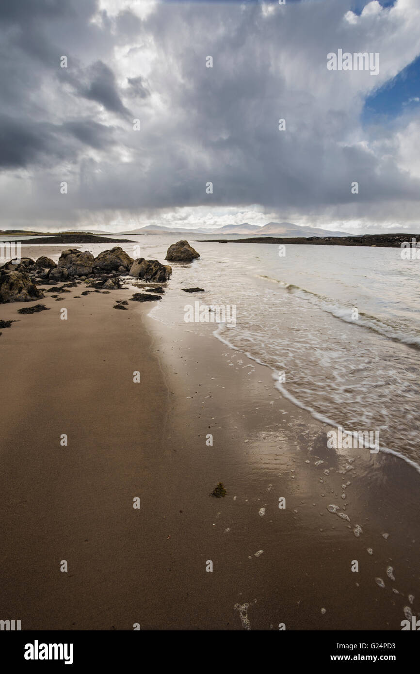 The distant mountains of Mull from Ganavan Sands near Oban, Scotland ...