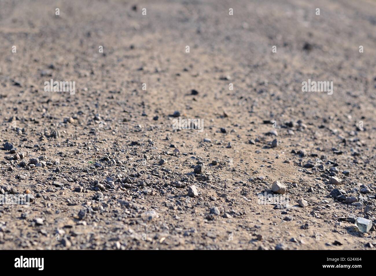 Terrain road with small rocks on the ground viewed from near the ground ...