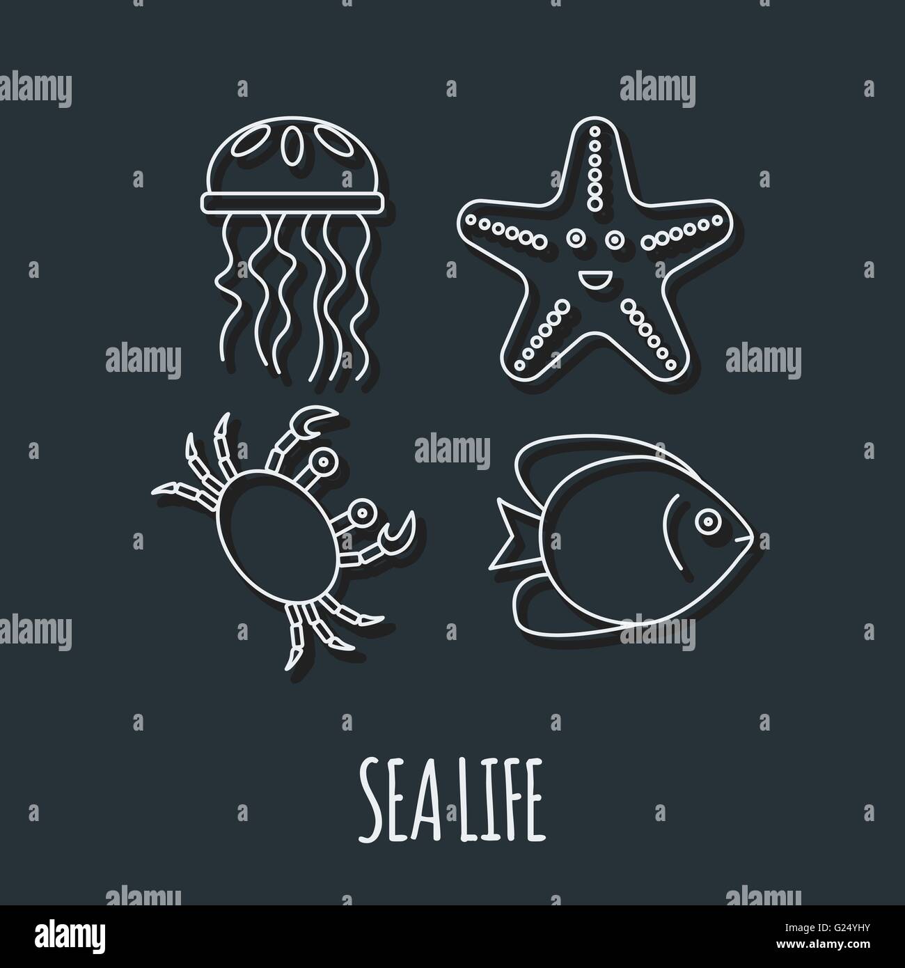 Diving icon with jellyfish, fish, crab and starfish Stock Vector Image ...