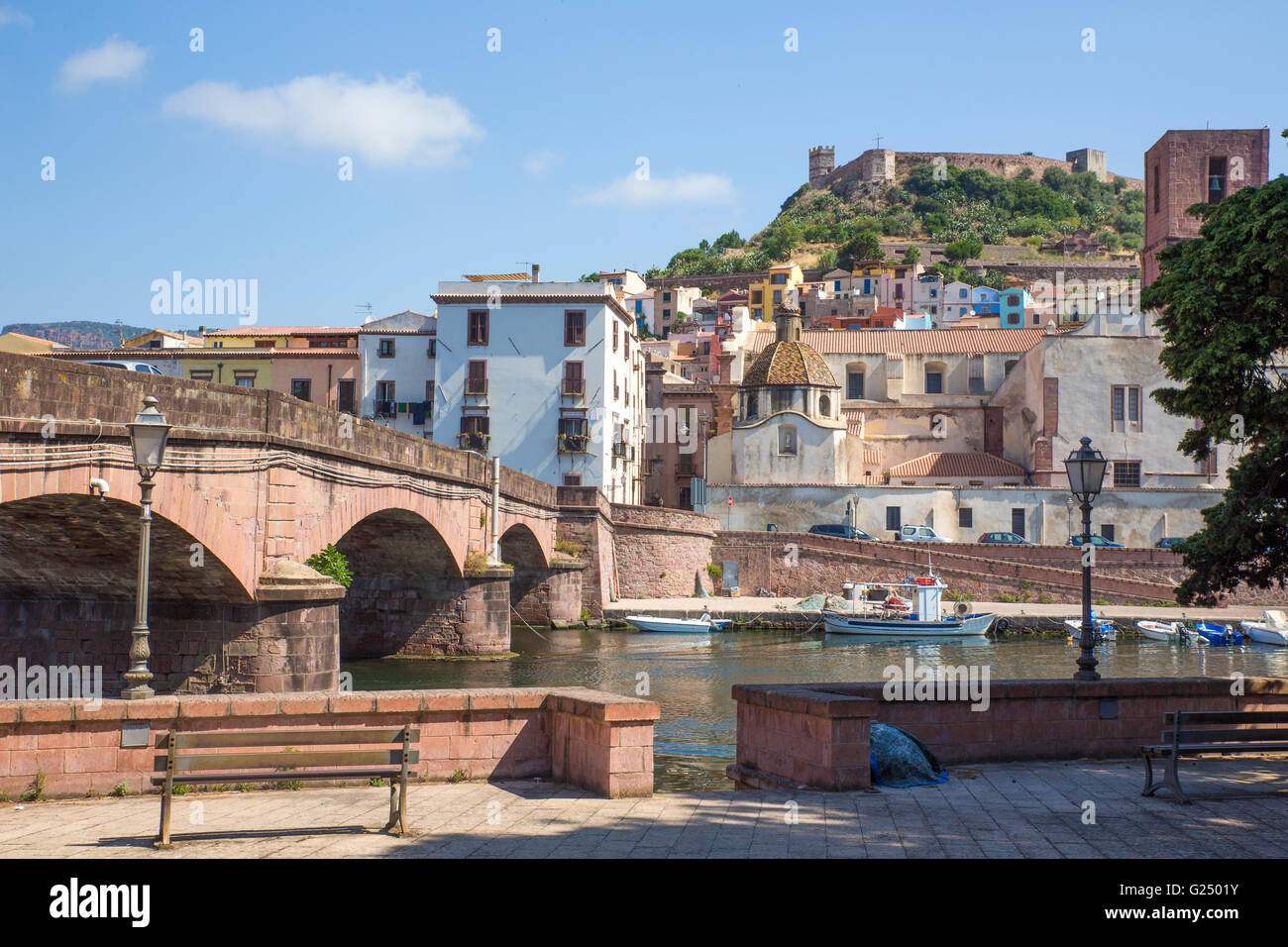 Bridge over the Temo river and typical colored facade of Bosa and ...