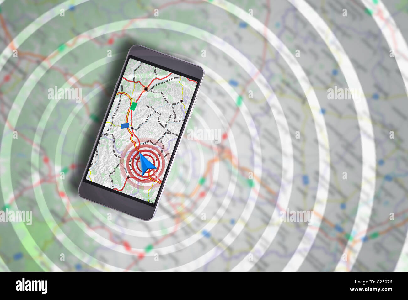 Smartphone showing on the screen an assistant GPS navigation with ...