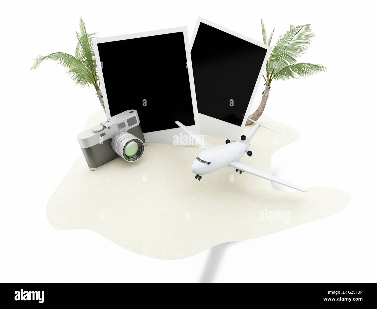 3d renderer image. Airplane, camera and photos. Travel concept ...