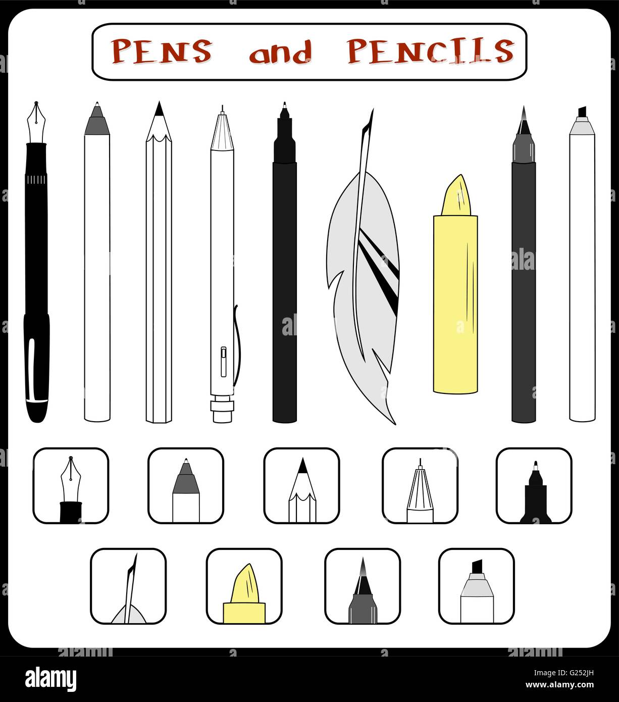 Vector. Set of 9 artist pens and pencils. Pencil, point pen, fountain ...