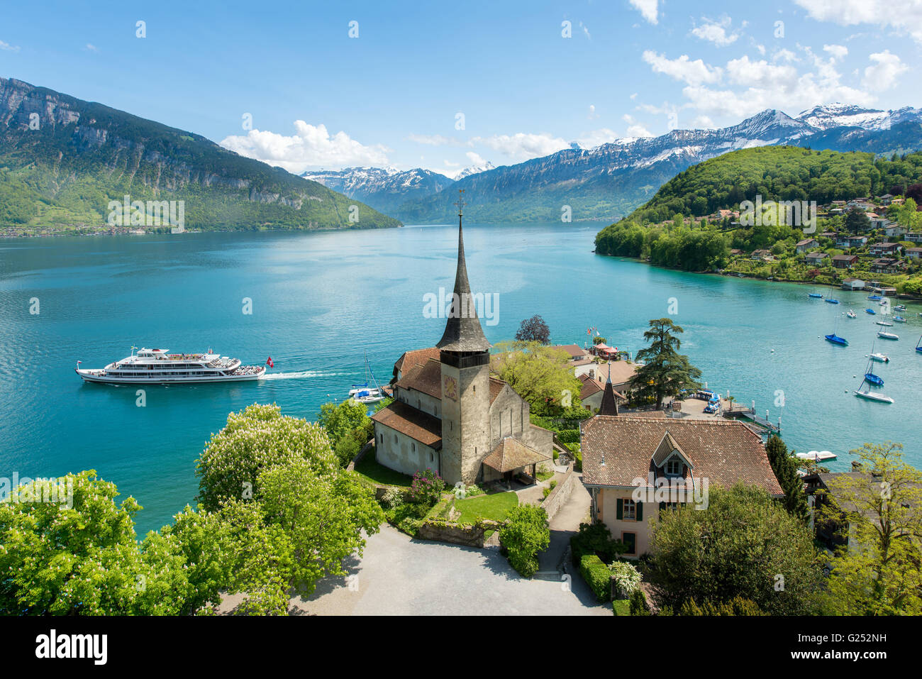 Spiez castle with cruise ship on lake Thun in Bern, Switzerland Stock ...