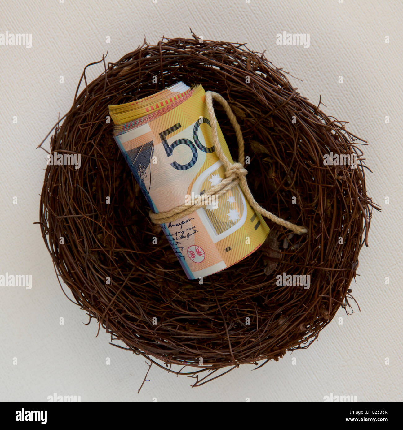 A roll of Australian fifty dollar notes in a bird's nest Stock Photo ...