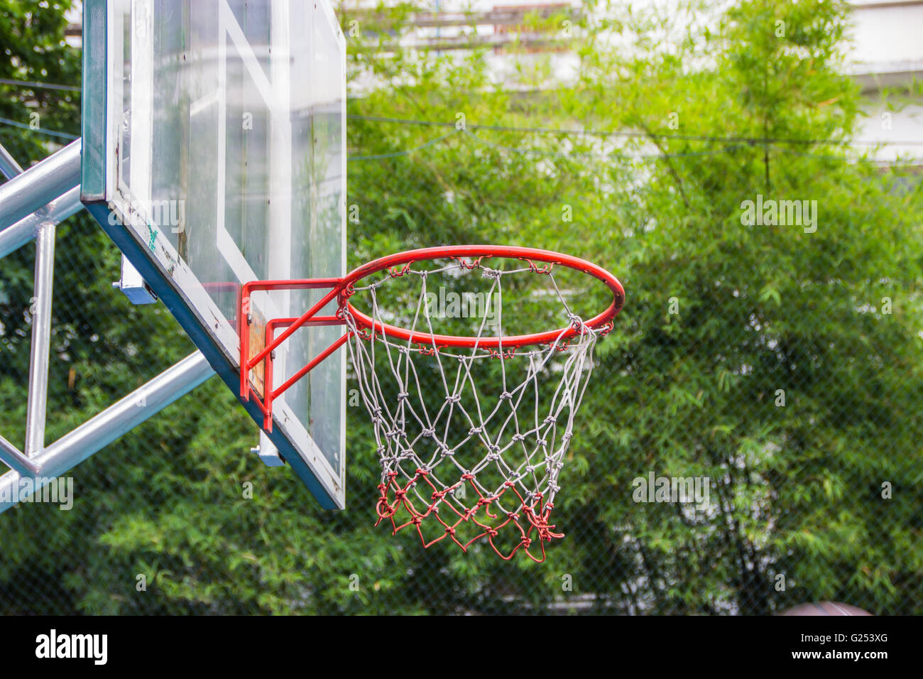 Basketball hoop in the park with green trees as background Stock Photo ...
