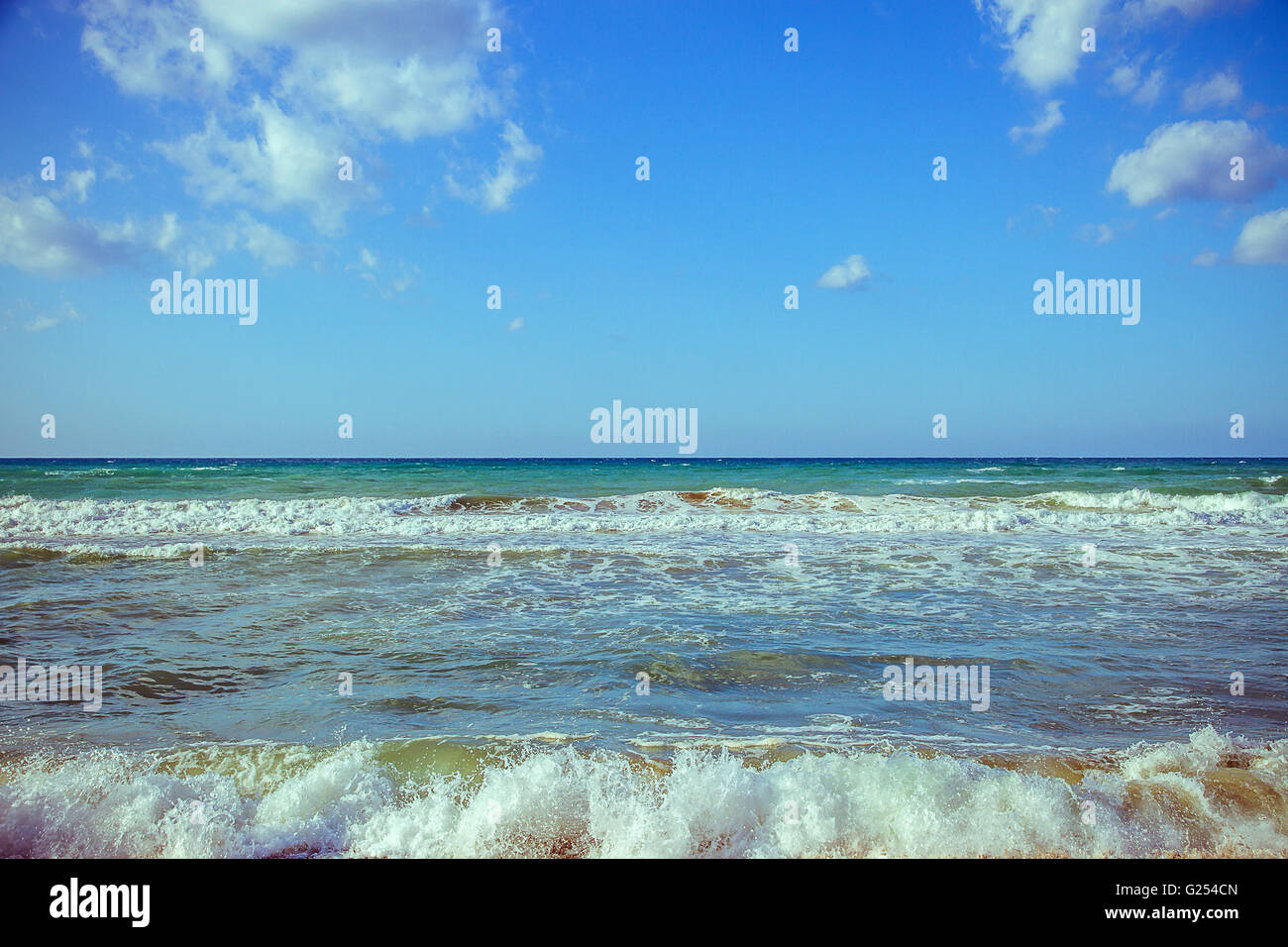 Beautiful wave on sea and blue sky with clouds as background Stock ...