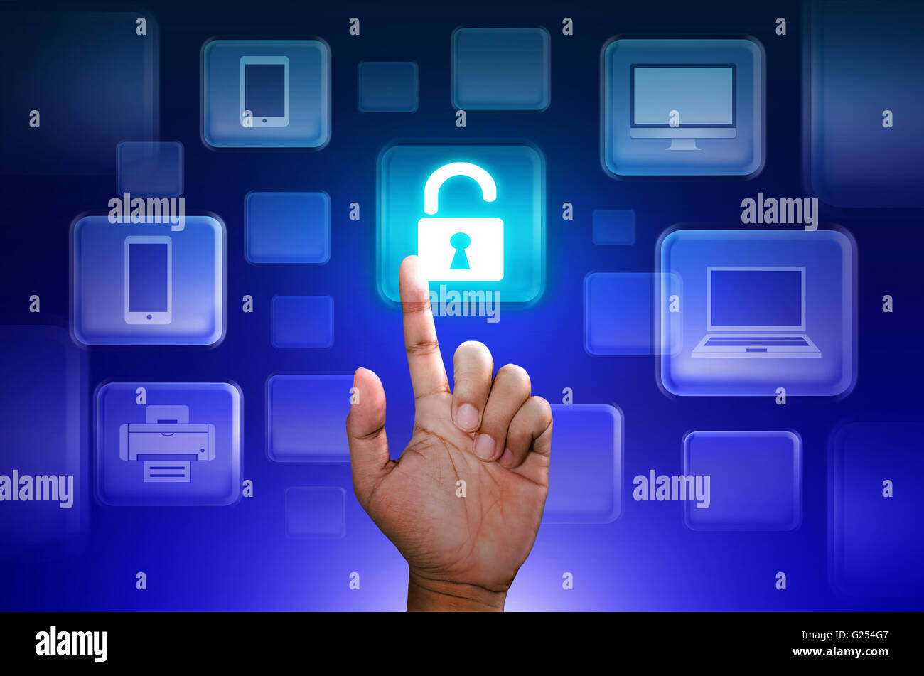 Hand pushing virtual security button on digital background Stock Photo ...