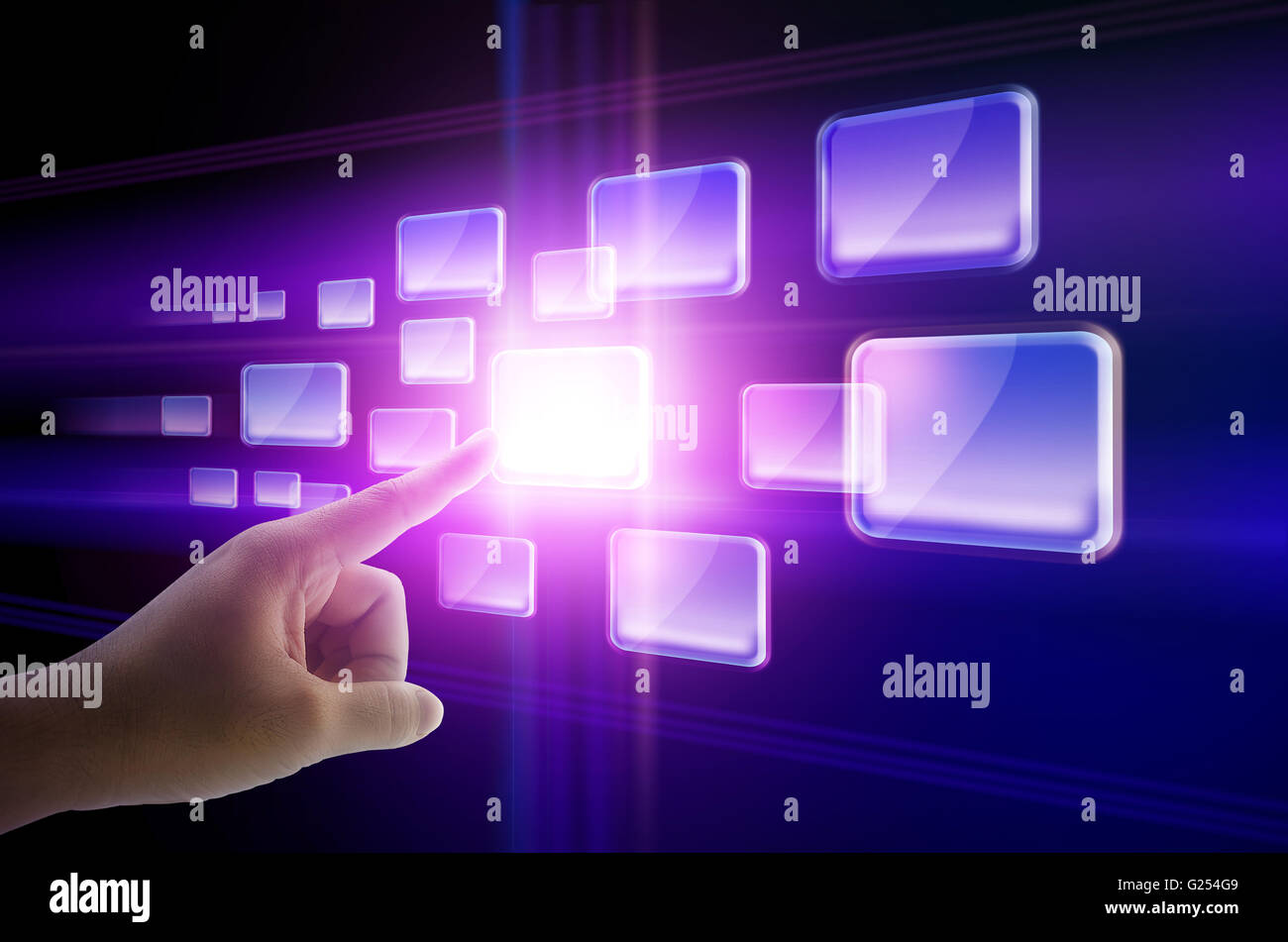 Hand pushing a button on a touchscreen interface Stock Photo - Alamy