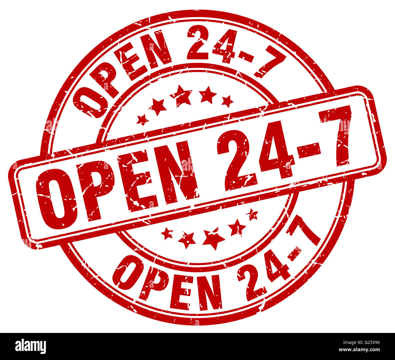 open 24 7 red grunge round vintage rubber stamp Stock Photo - Alamy