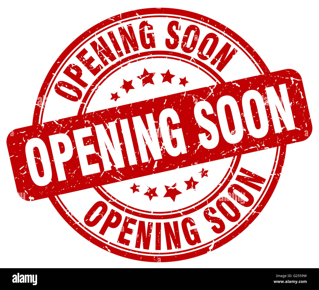 opening soon red grunge round vintage rubber stamp Stock Photo - Alamy