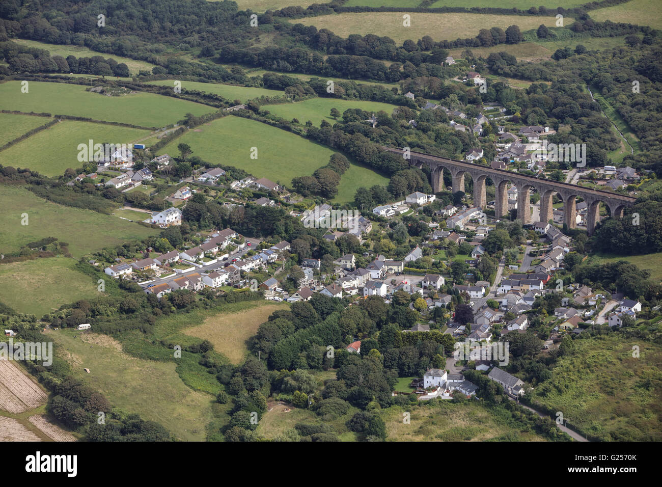 An aerial view of Angarrack, a small village near Hayle in Cornwall ...