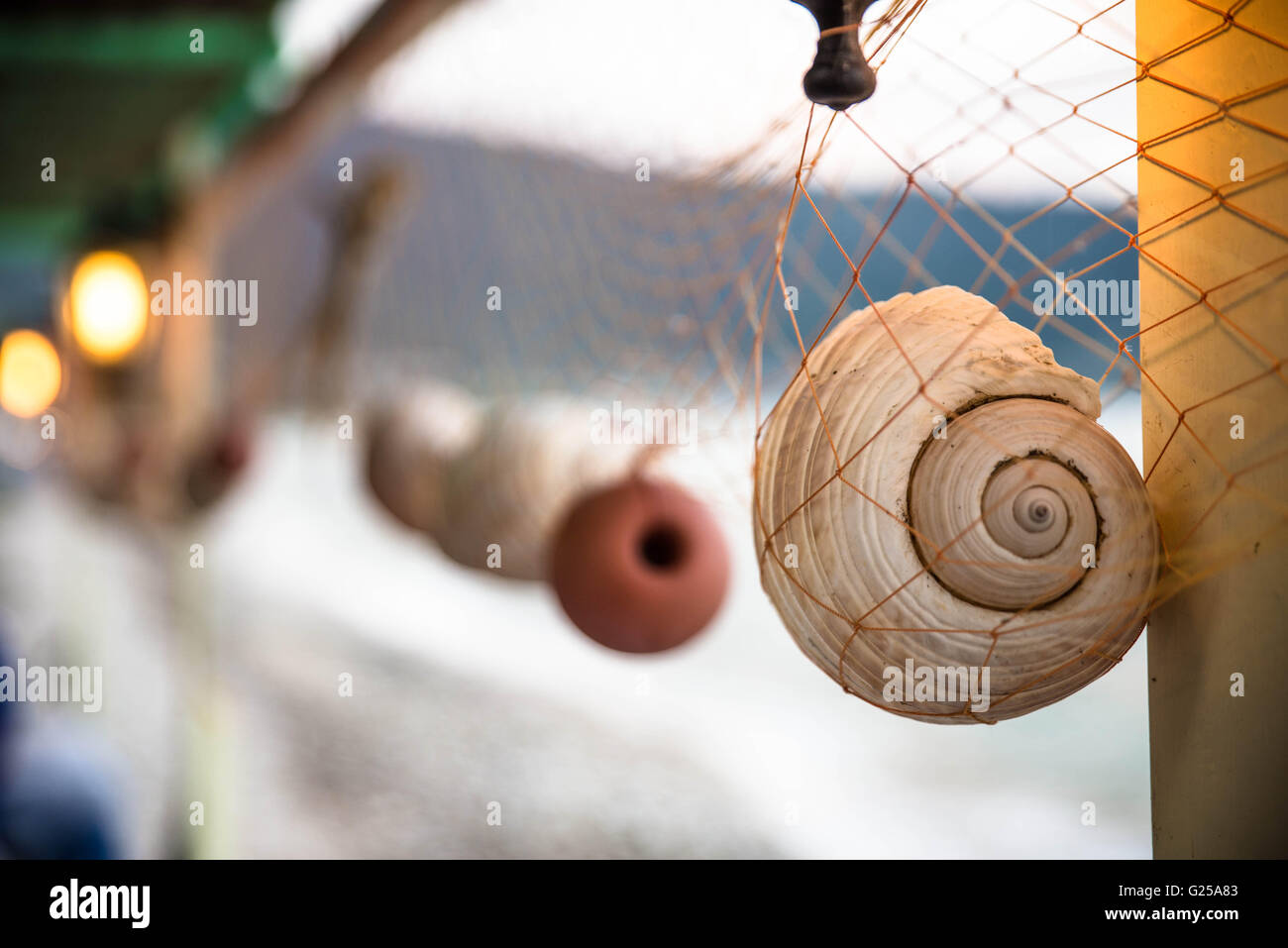 Seashells hanging in a fishing net, Thassos, Greece Stock Photo - Alamy